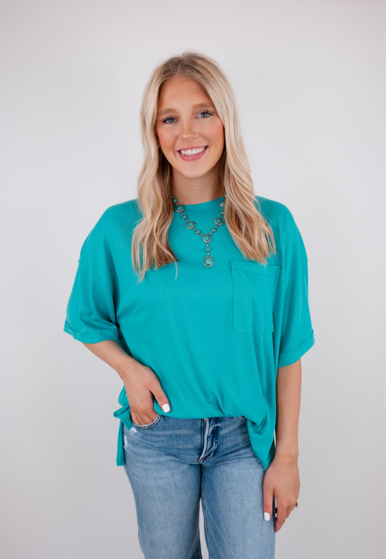 Essential Pocket Tee – Teal – Cowgirl Society & Co
